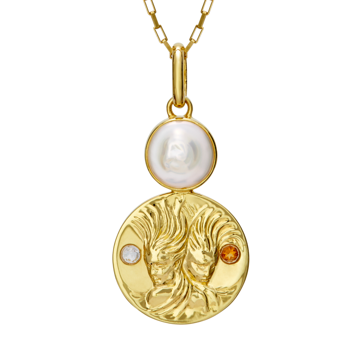 Gold Gemini Coin Pendant Necklace With Birthstones