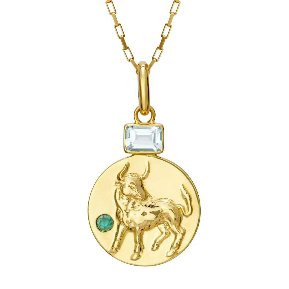 Gold Taurus Coin Pendant Necklace With Birthstones